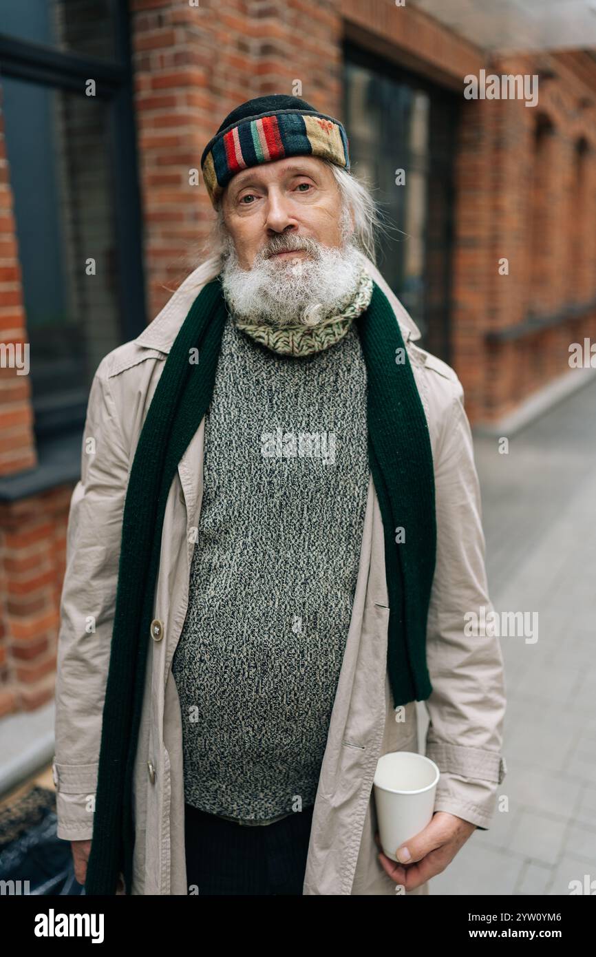 Vertical portrait of sad homeless older retired man wearing worn-out ...