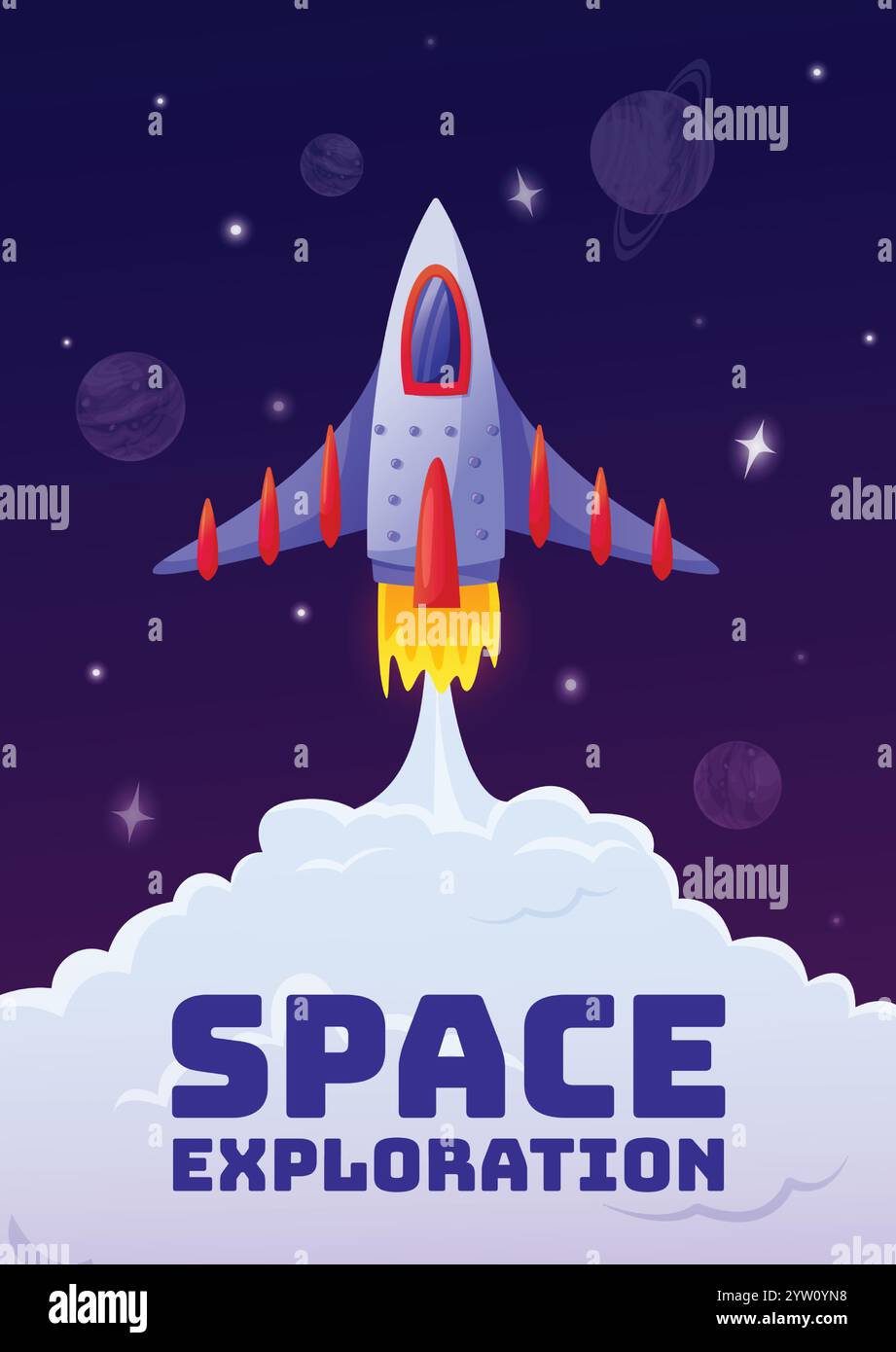 Cartoon spaceship is launching from earth to explore and colonize new ...