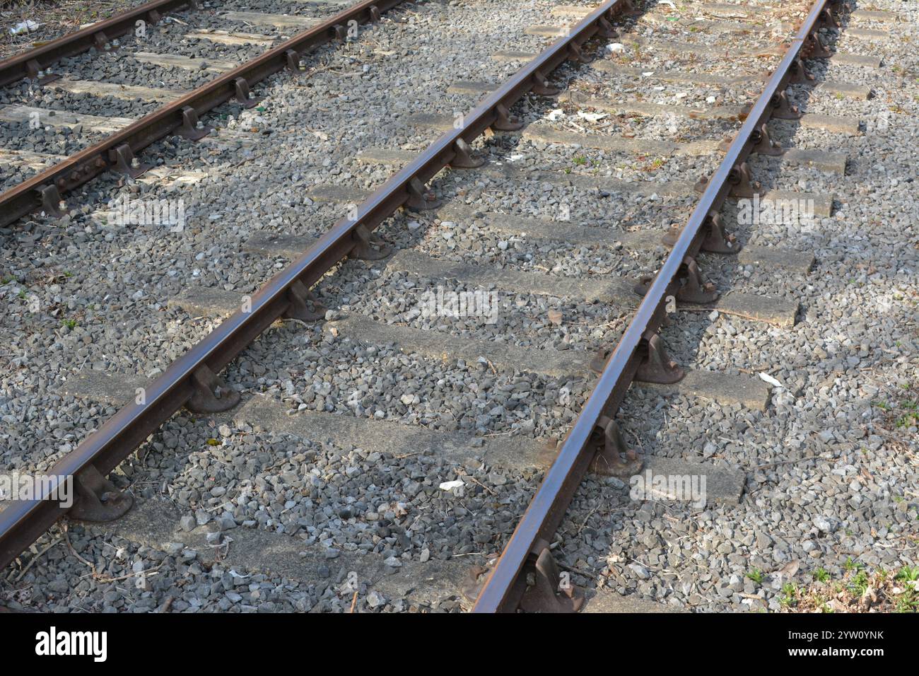 Closeup of old concrete sleeper bullhead railway track. Weardale ...