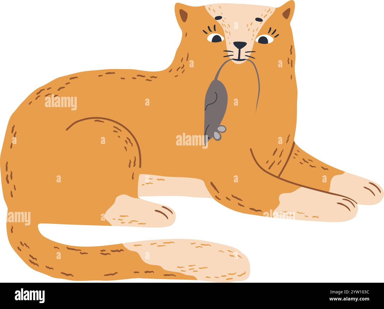 Cute ginger cat lying down holding a gray mouse in its mouth, simple ...