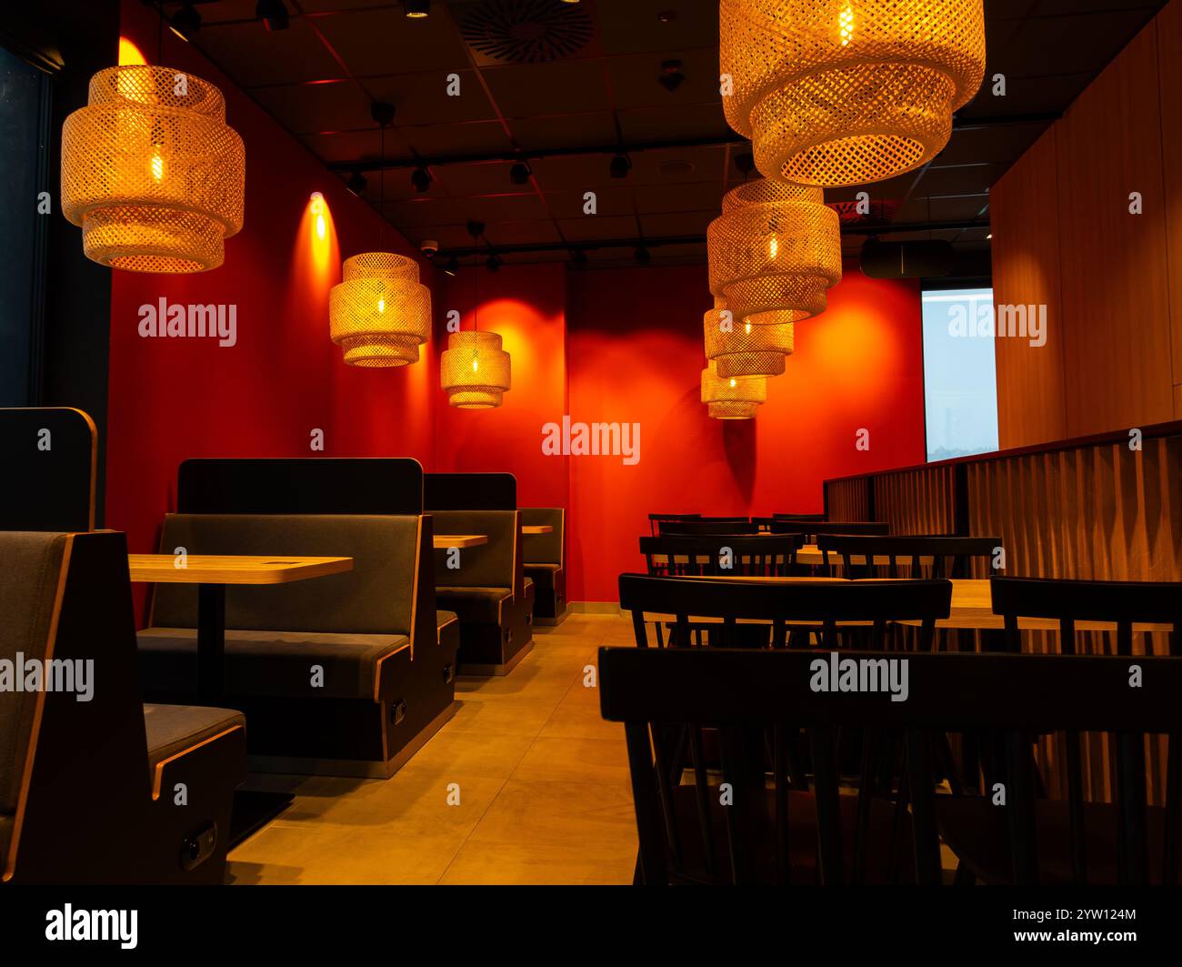 Inside the restaurant with red walls and orange lanterns. Picture teken ...