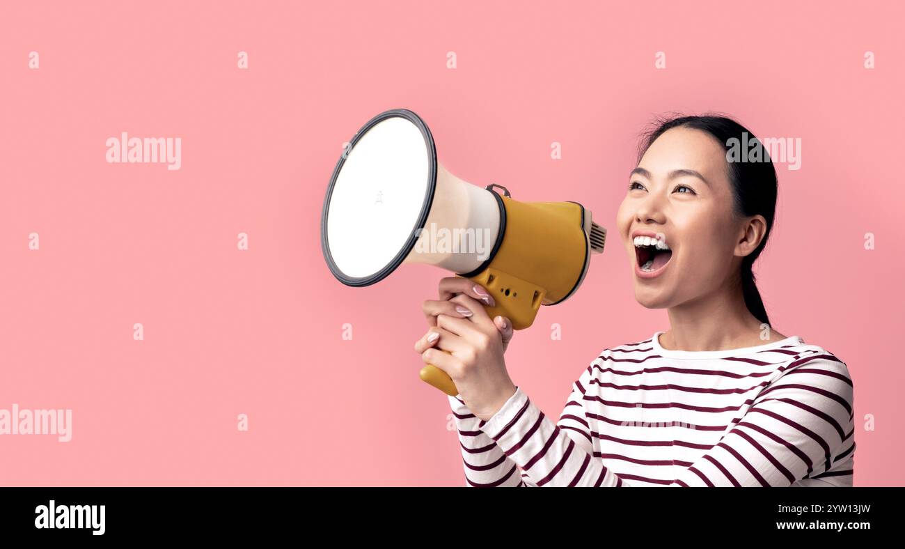 Announcement. Young Asian Lady With Megaphone In Hands Shouting At Copy ...