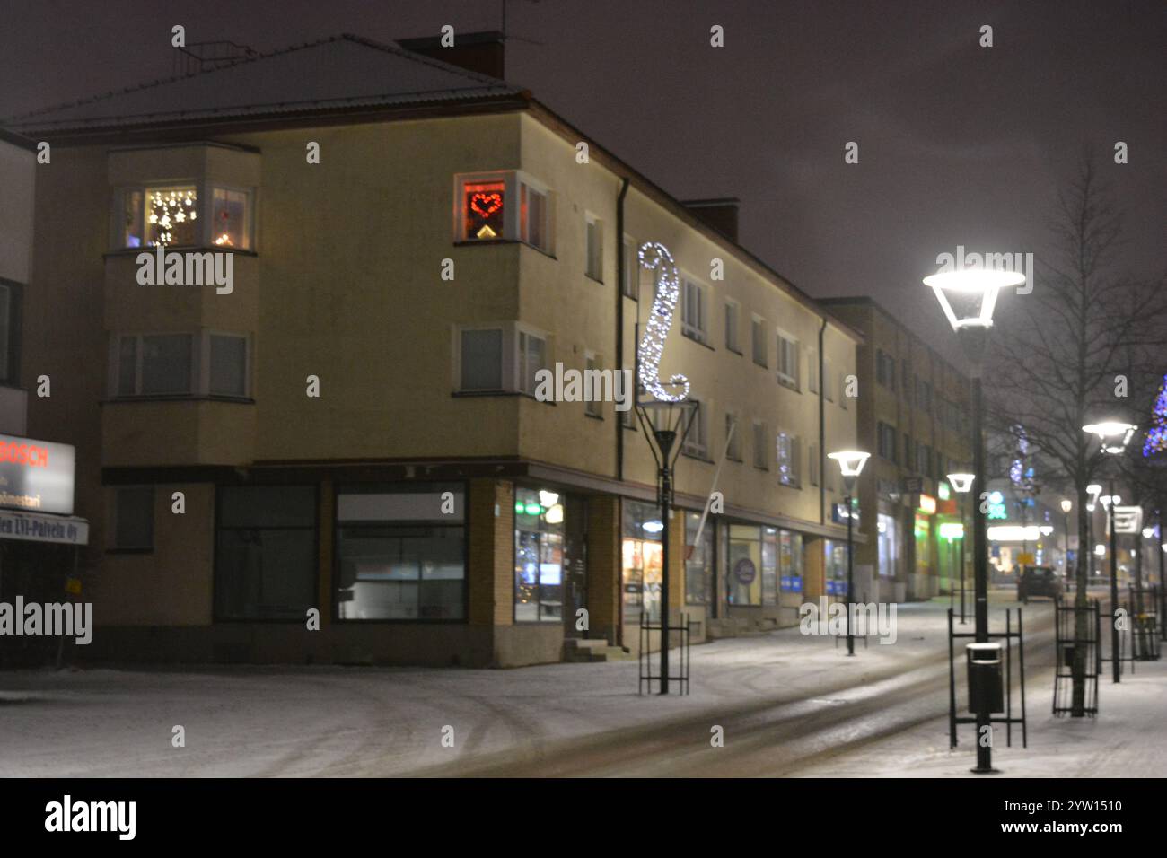 The city of Varkaus, Finland with houses, street lighting, shops, shops ...