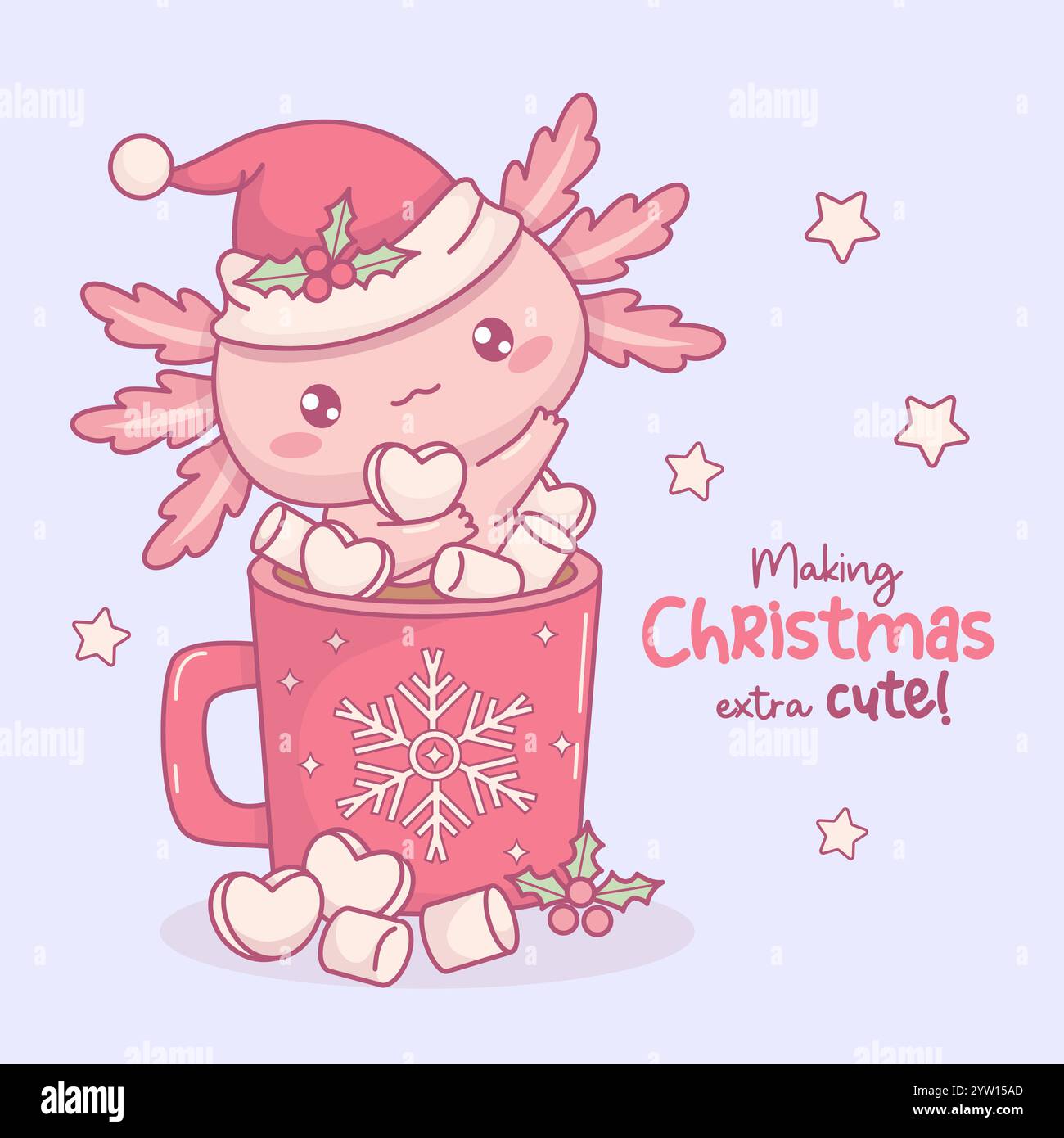 Cute Christmas Axolotl in red cup Hot Cocoa with Marshmallows. Little ...