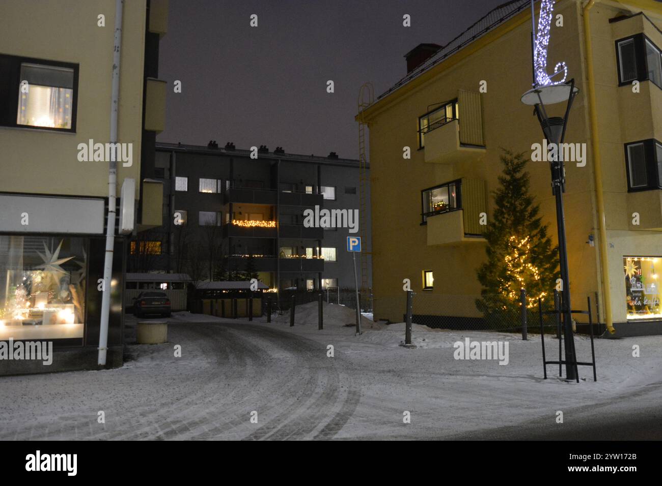 The city of Varkaus, Finland with houses, street lighting, shops, shops ...