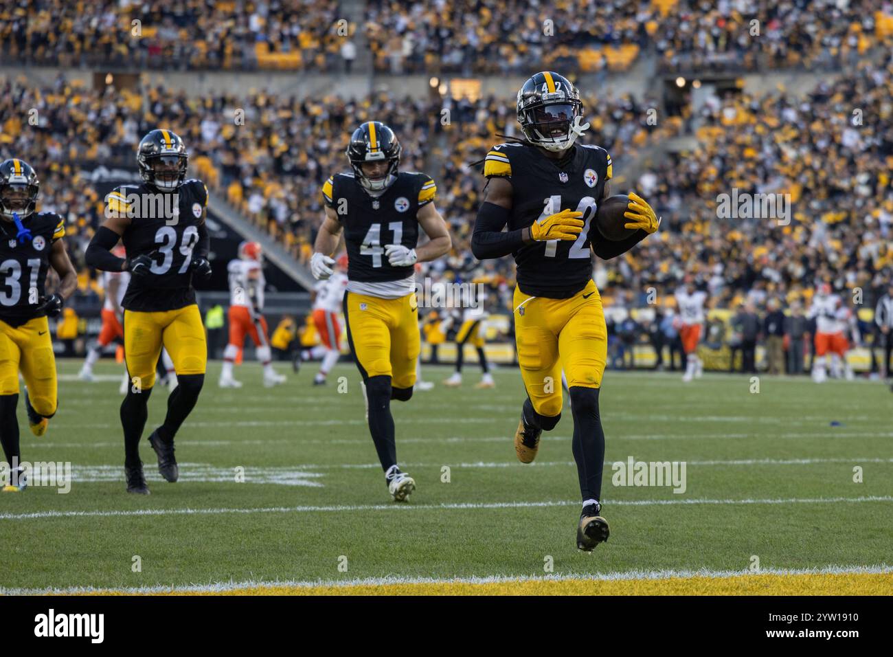 Pittsburgh Steelers cornerback James Pierre (42) celebrates after an ...