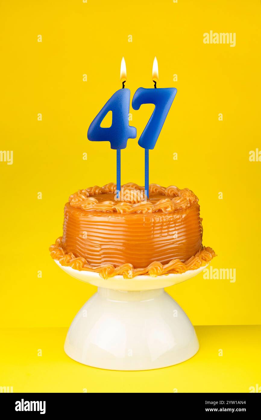 Happy birthday cake with number 47 candle - Card on a yellow background ...