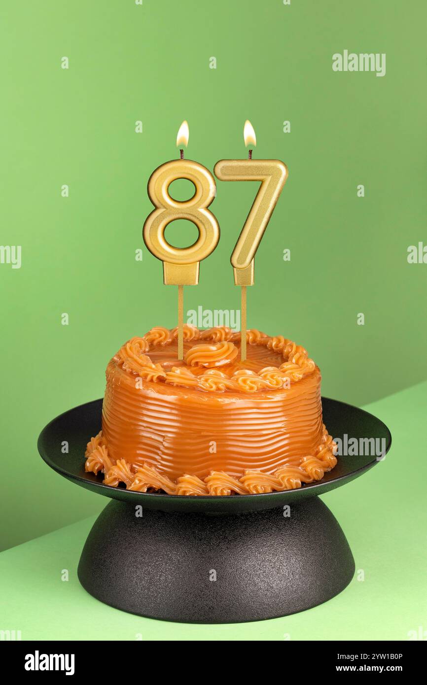 Number 87 birthday candle on a green background - Delicious cake with ...