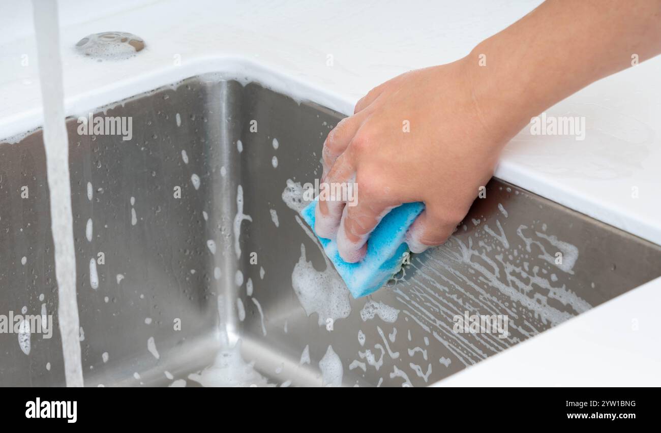 Scrubbing a kitchen sink with soapy water using a sponge under running ...