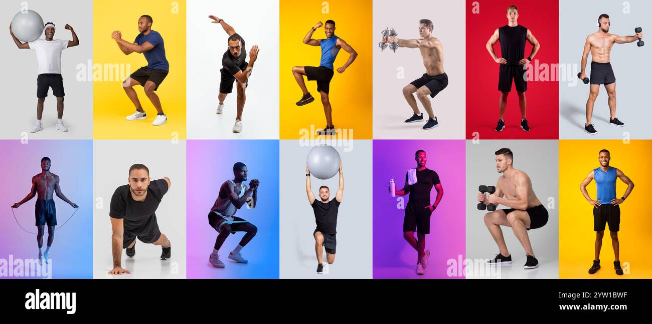 Group of men performing various fitness activities on colorful ...