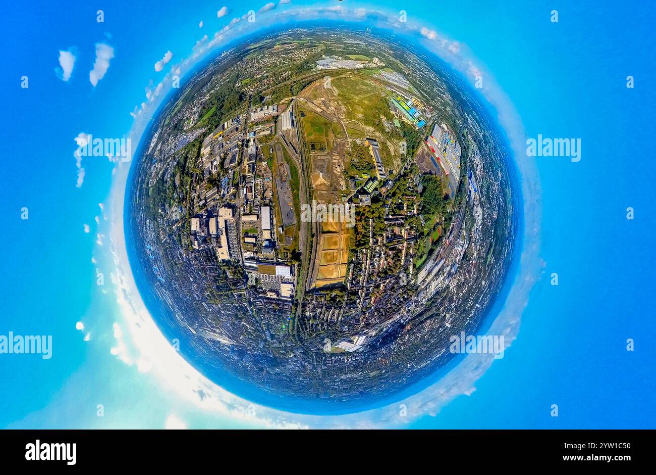 Aerial view, industrial area Westfalenhütte Hoesch Areal, earth globe ...