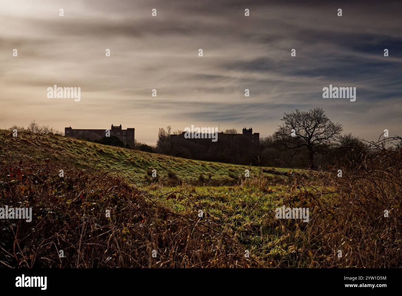 The silhouettes of Mutual Mills, across the fields at Heywood, Rochdale ...