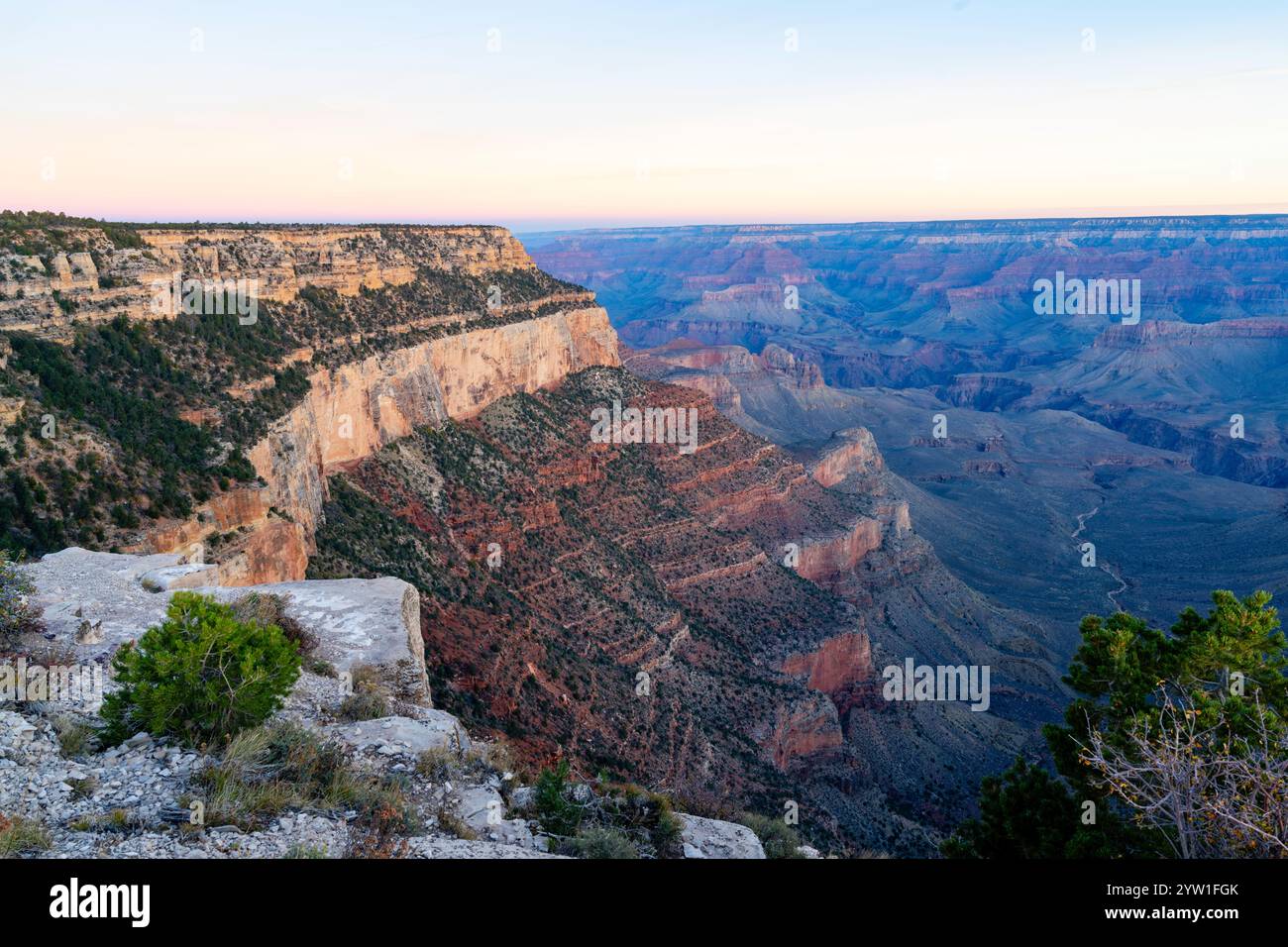 Sunrise over the Grand Canyon from Shoshone Point with Yaki Point on the left; Grand Canyon ...