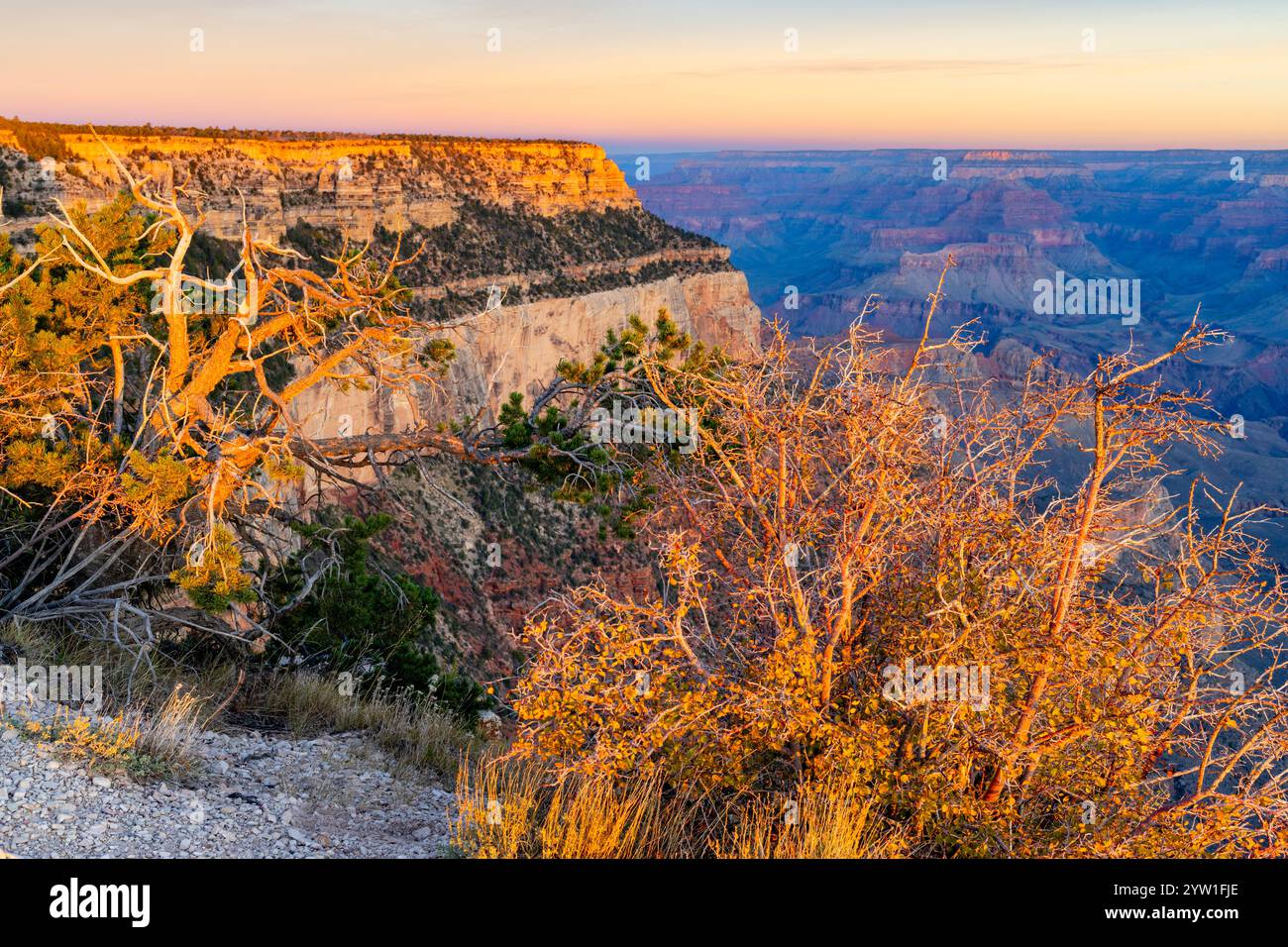 Sunrise over the Grand Canyon from Shoshone Point with Yaki Point on the left; Grand Canyon ...