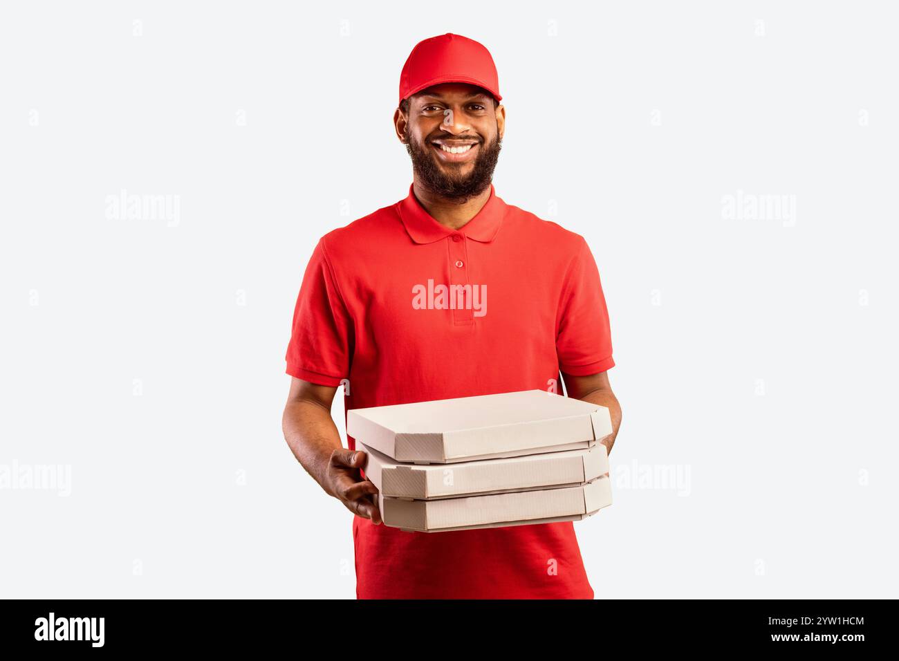 Pizzeria Courier Man Delivering Pizza Standing On Yellow Studio ...