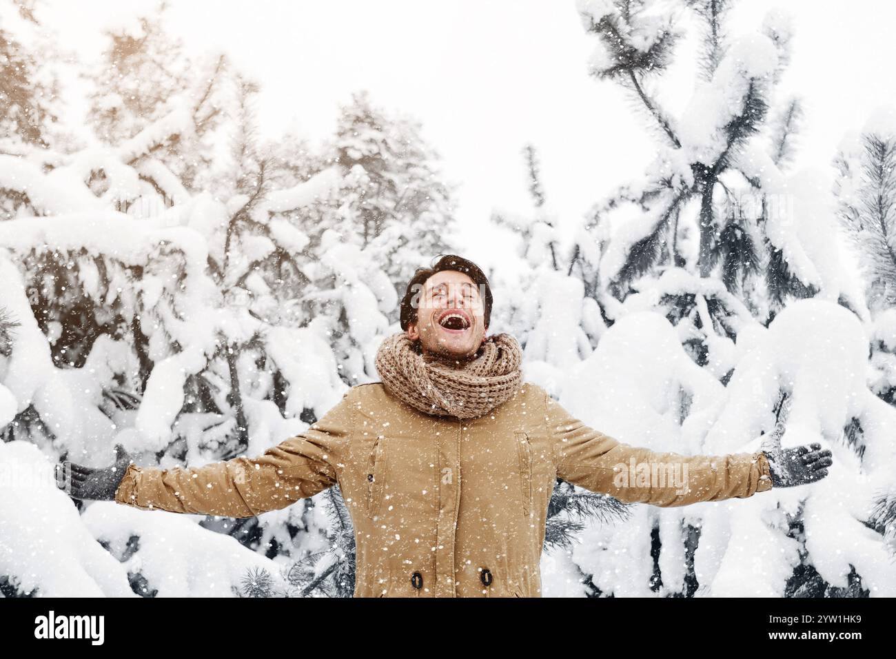 Happy Guy Enjoying Snowfall Standing Spreading Hands In Snowy Forest ...
