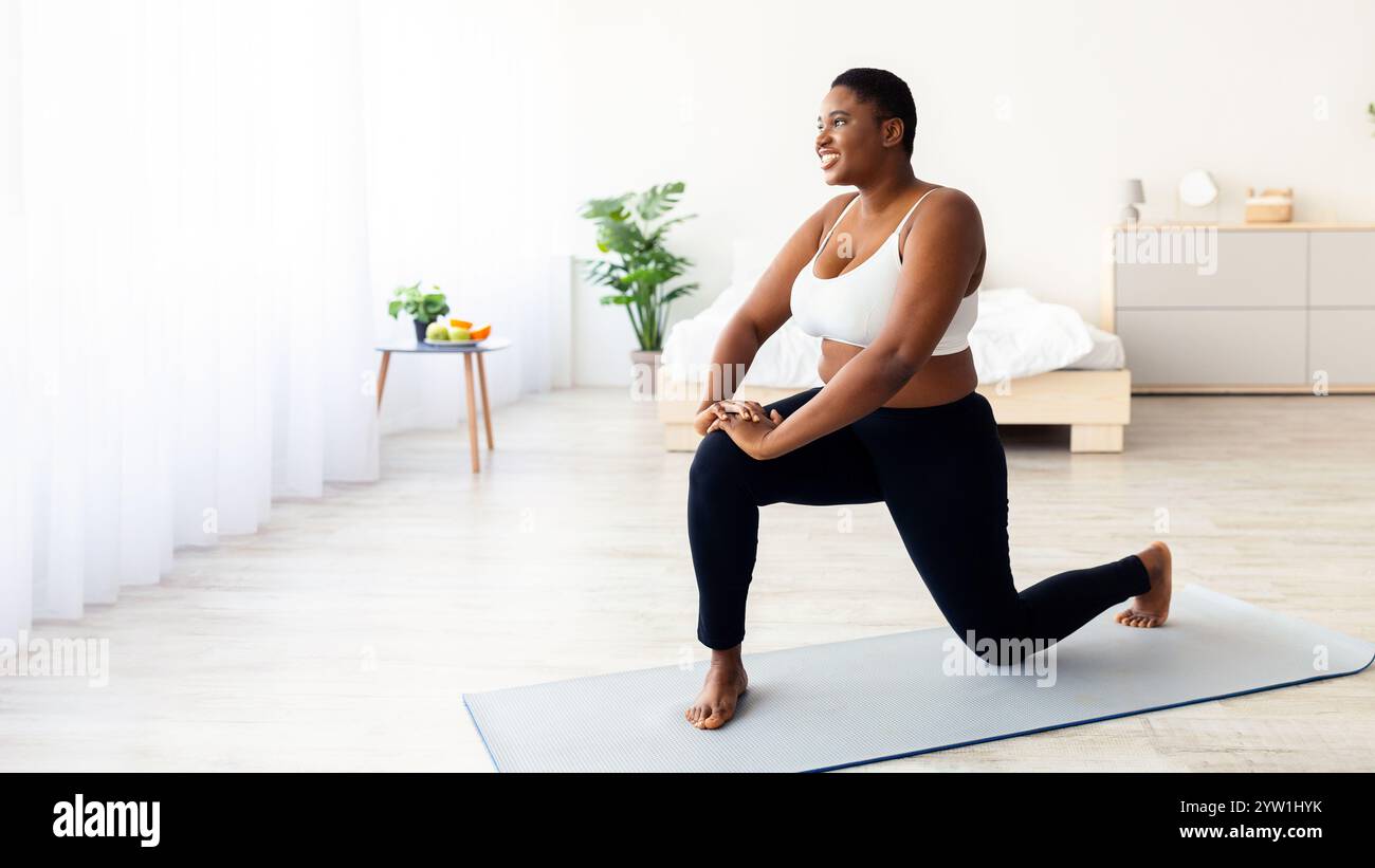 Effective bodyweight exercises. Overweight young black woman making ...