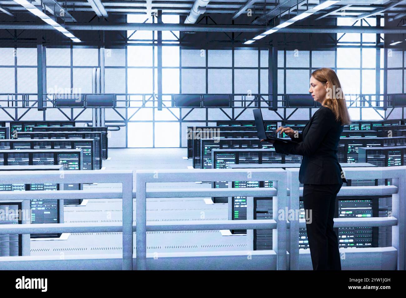 Engineer in data center checking rigs and infrastructure, doing maintenance. IT expert planning ...