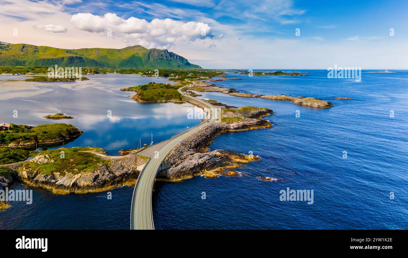 An aerial view of the Atlantic Road Bridge in Norway, a scenic bridge ...