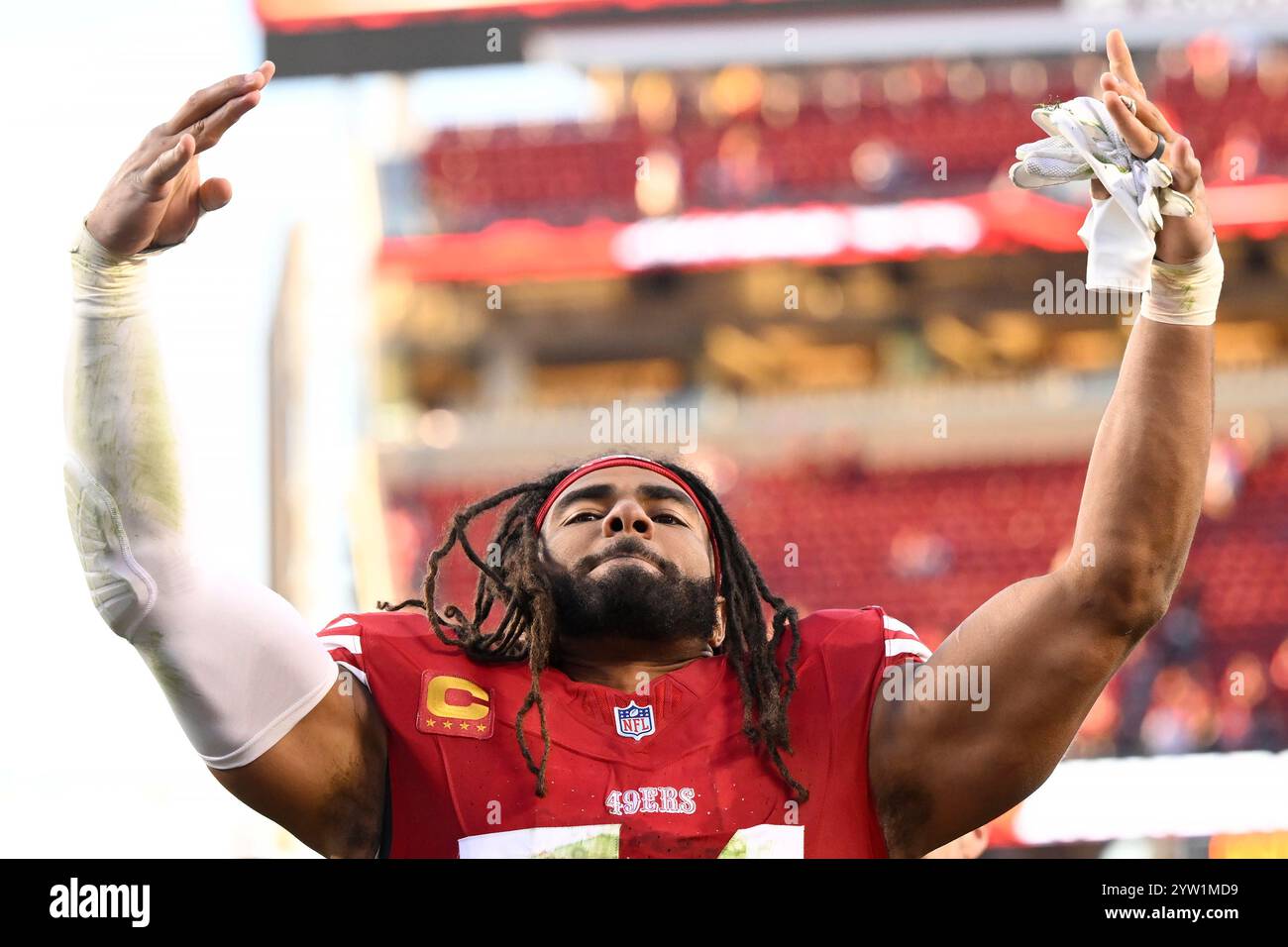 San Francisco 49ers linebacker Fred Warner celebrates after an NFL ...
