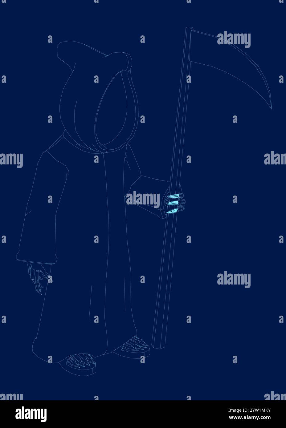 Blue outline Angel of death with a scythe in his hands on white ...