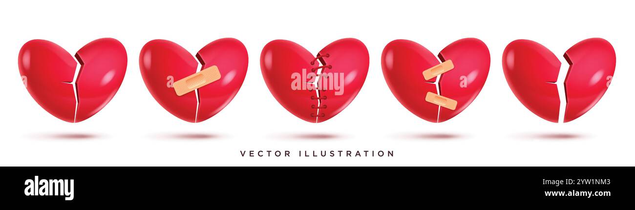 Heart broken red clipart set. Broken heart shape 3d icon collection ...