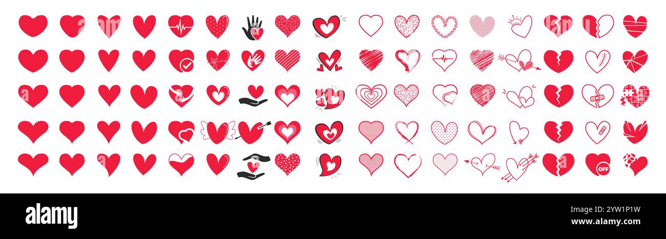 Heart red love clipart set. Heart shape icon in drawing, doodle ...