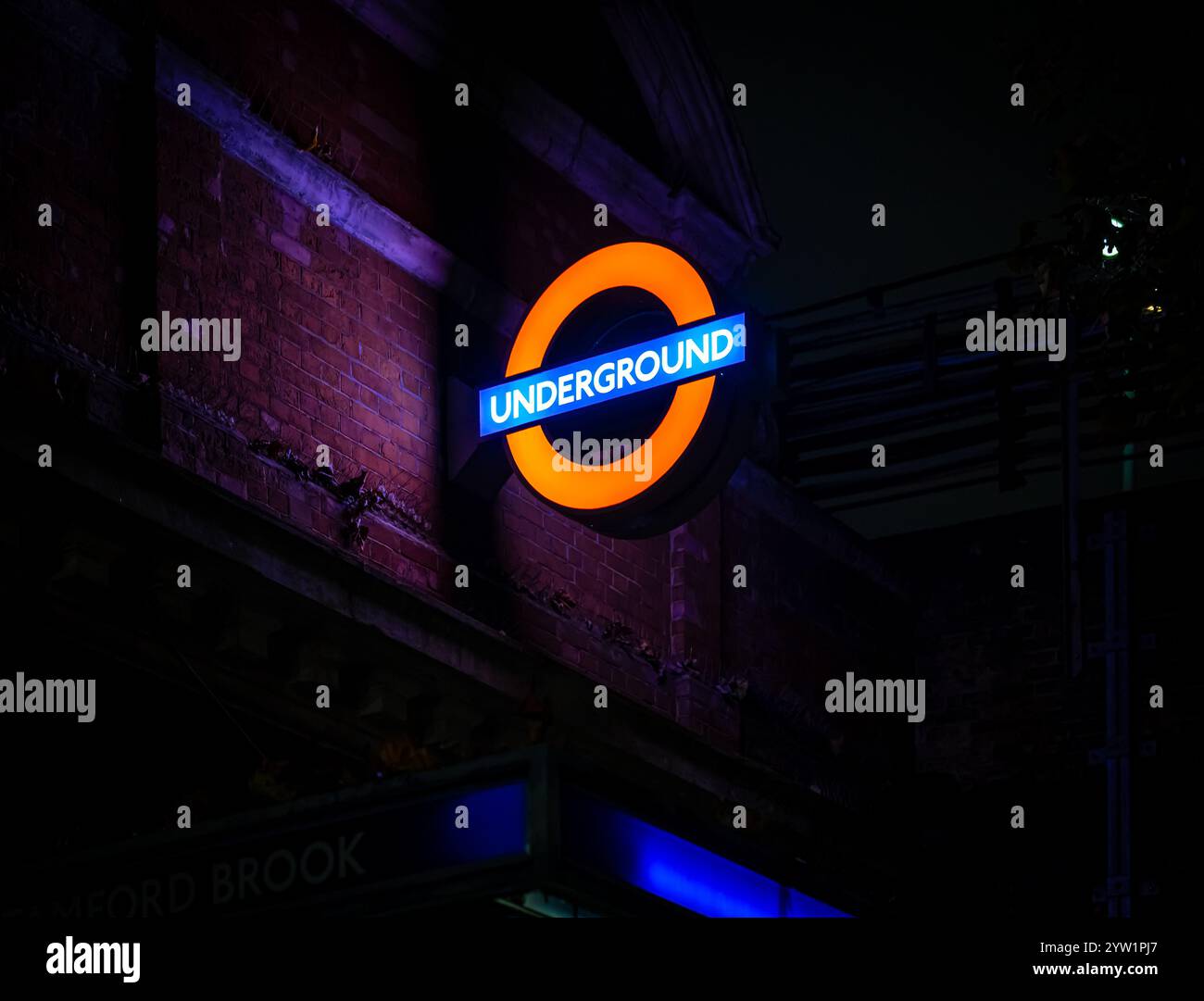 The midnight view of roundel, a symbol of London's public transport, UK ...
