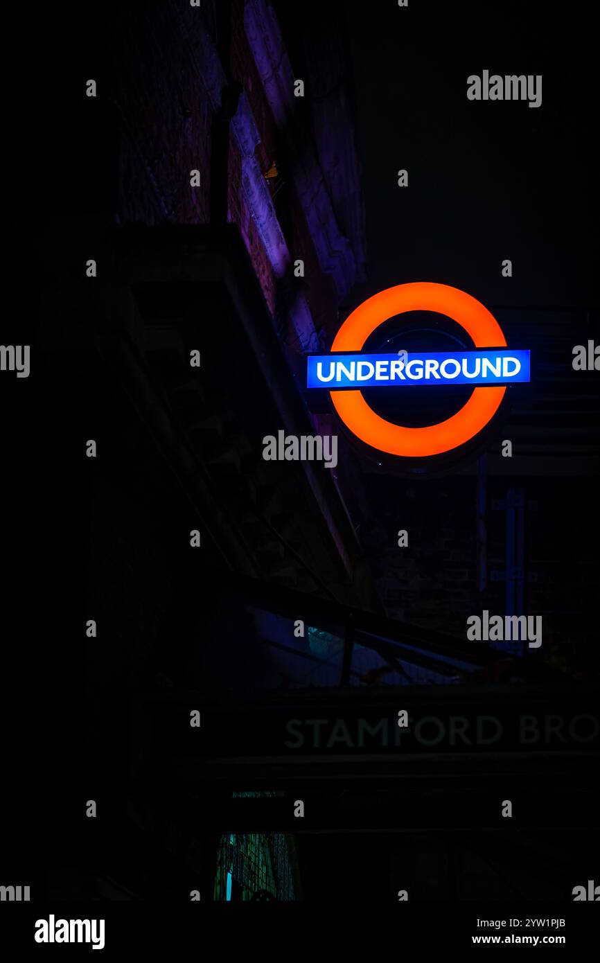 The midnight view of roundel, a symbol of London's public transport, UK ...
