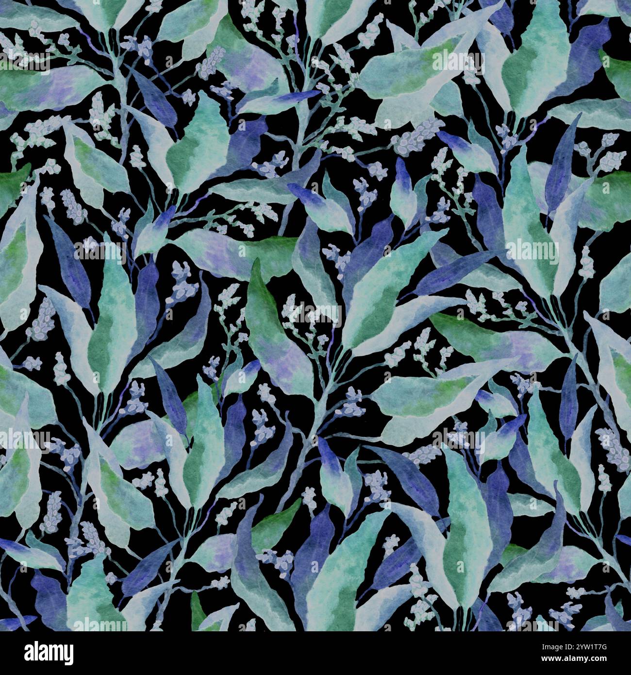 Blue dark floral watercolor seamless pattern for printing. Intertwining ...