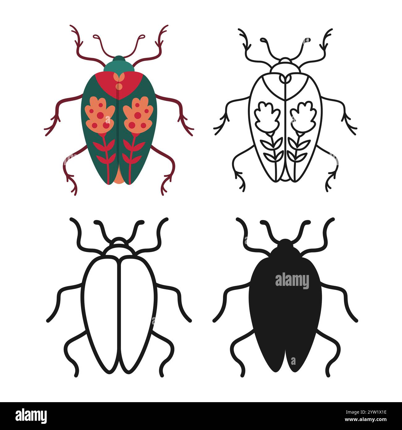 Beetle symbol cartoon set. Abstract bug linear icon. Stylized folk art ...