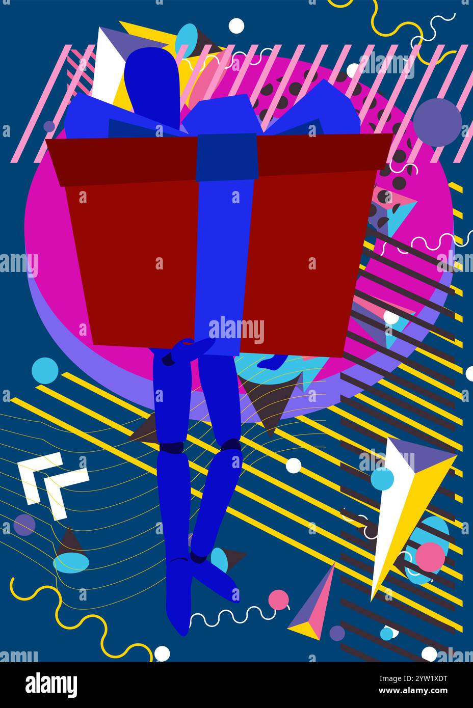 Wooden puppet holding gift box, geometrical graphic retro theme ...