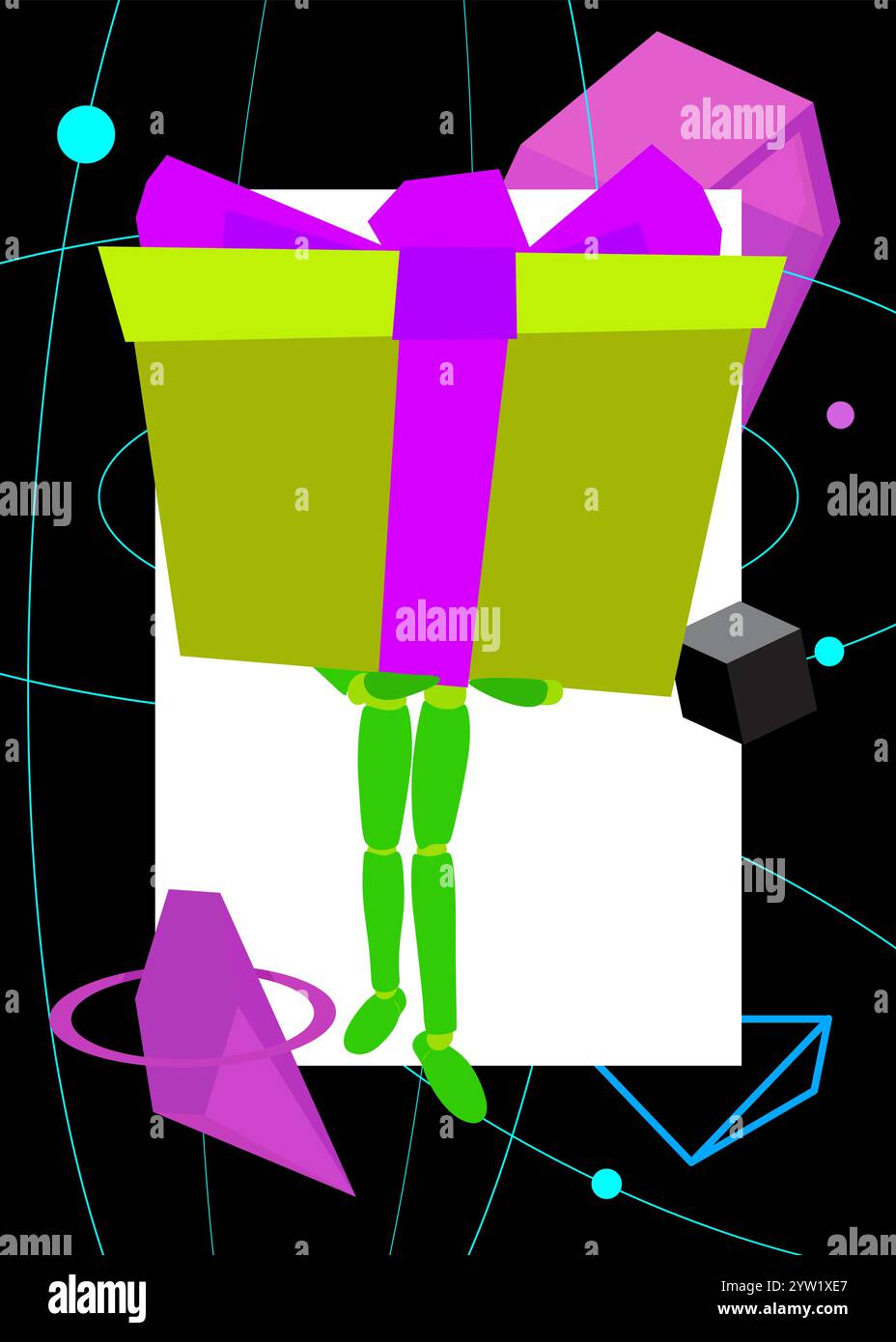 Wooden puppet holding gift box, geometrical graphic retro theme ...