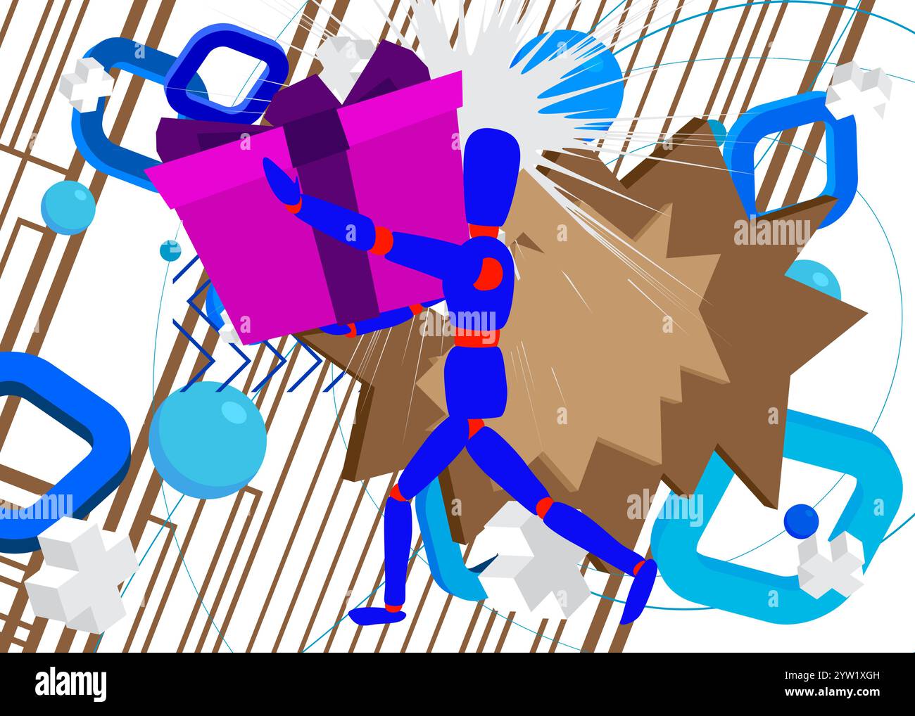 Wooden puppet holding gift box, geometrical graphic retro theme ...