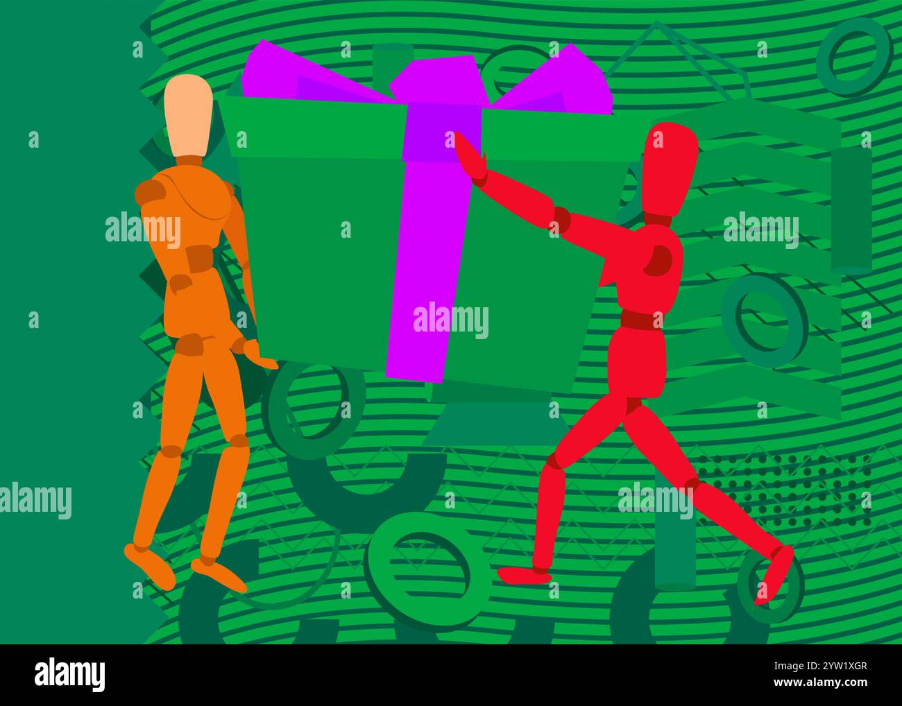 Wooden puppet holding gift box, geometrical graphic retro theme ...