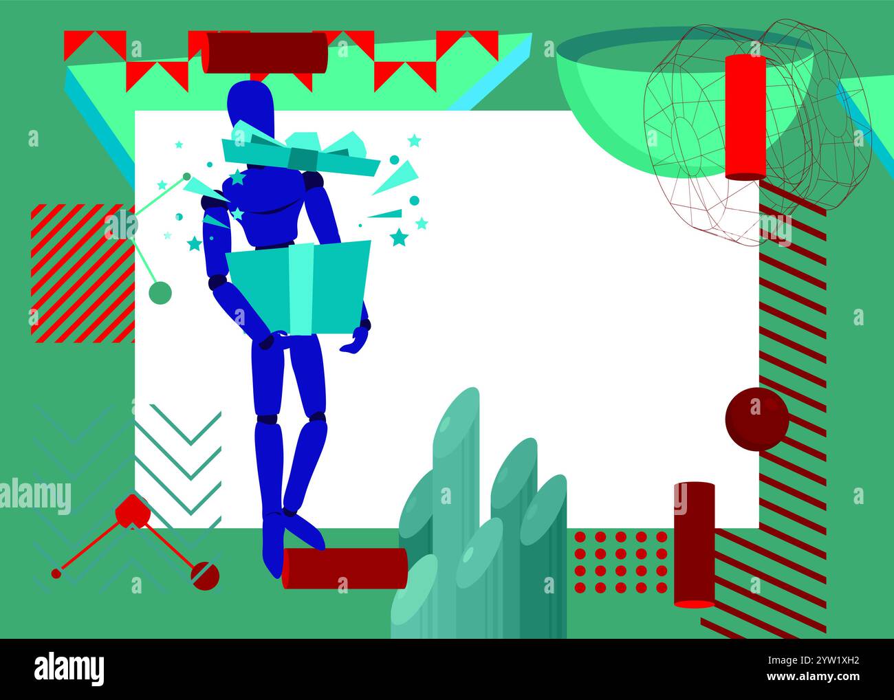 Wooden puppet holding gift box, geometrical graphic retro theme ...