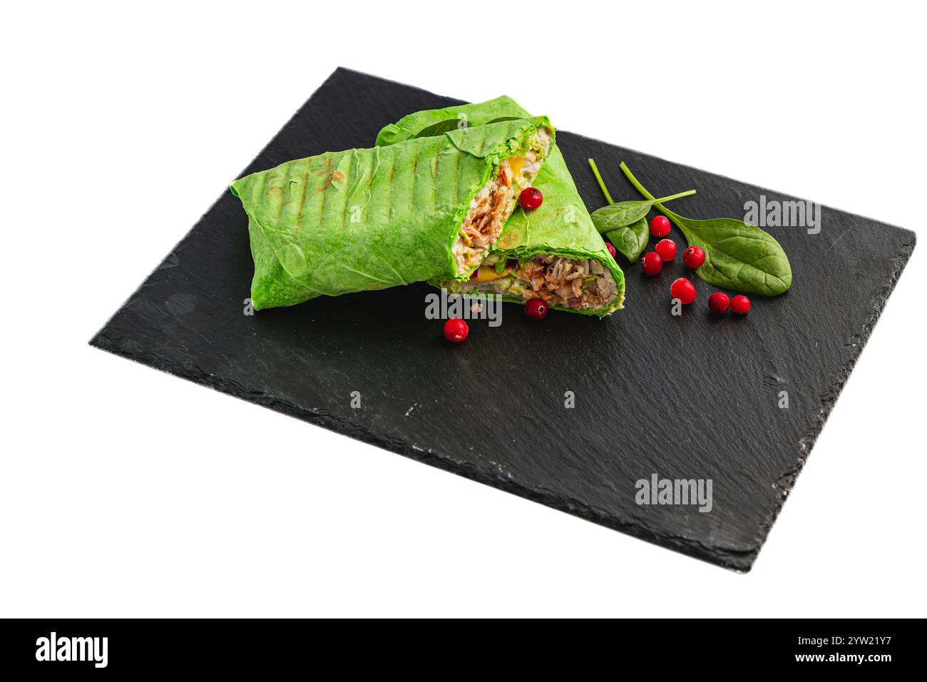 Healthy food, fresh pita roll with chicken and vegetables on a white ...