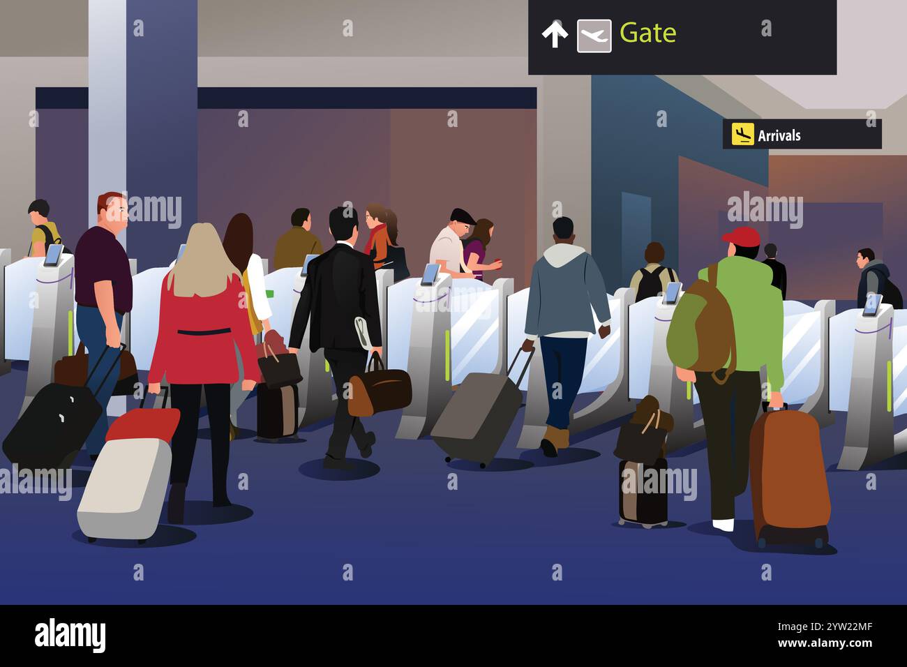 A vector illustration of Traveling People Going Through Autogate in ...