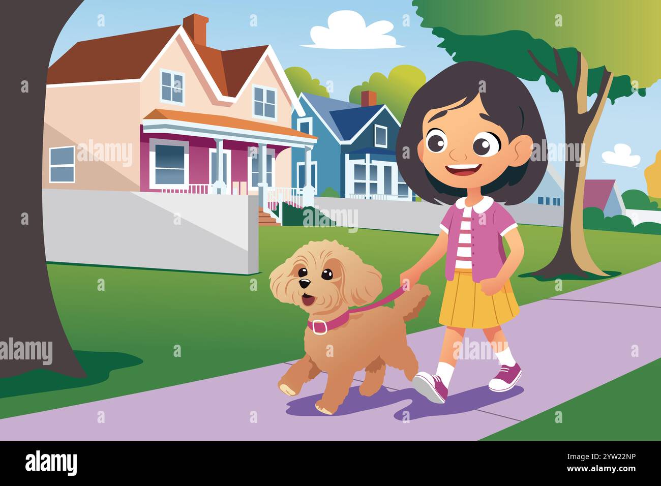 A vector illustration of Little Girl Walking Her Dog in the ...