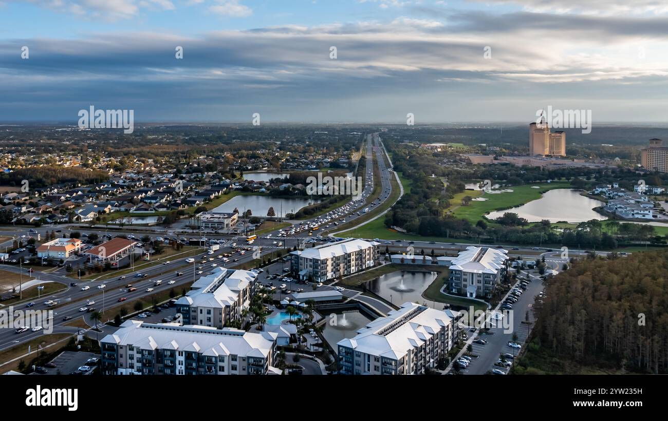 Orlando, FL, USA - December 6, 2024: Late afternoon aerial view of the Grande Lakes Area ...