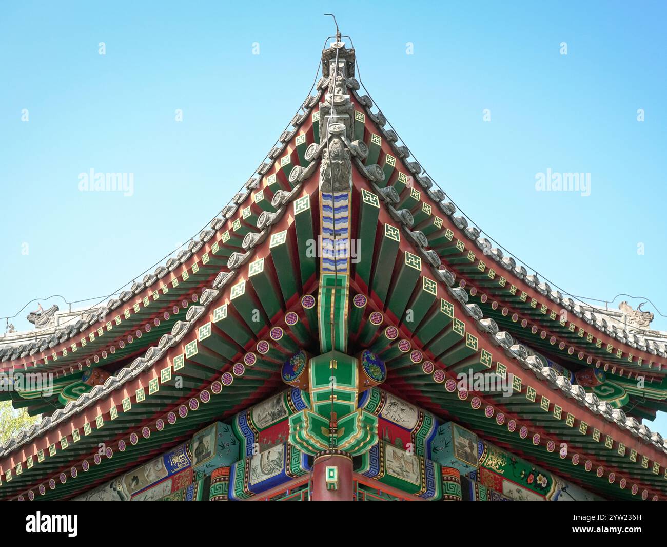 Structure and design of Chinese temple. Low angle and close up view ...