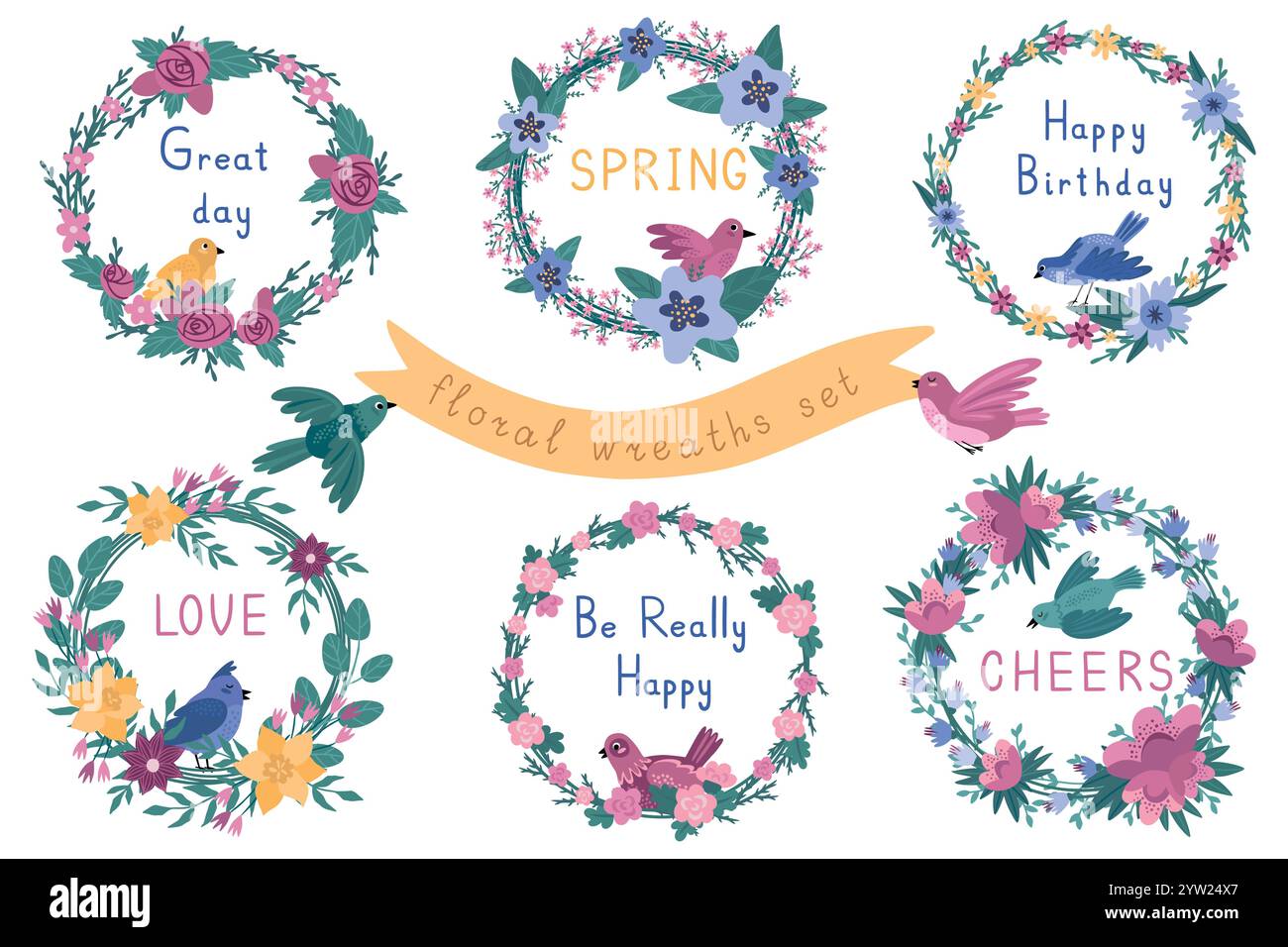 Floral border. Spring flower frame, cute birds. Summer nature ...
