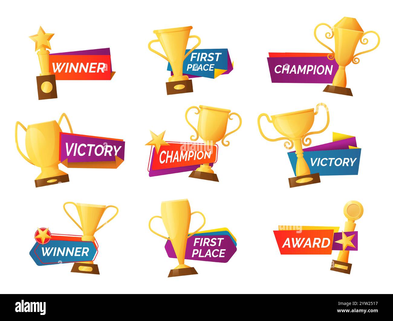 Winner prize. First place emblem, victory label, champion trophy, award ...