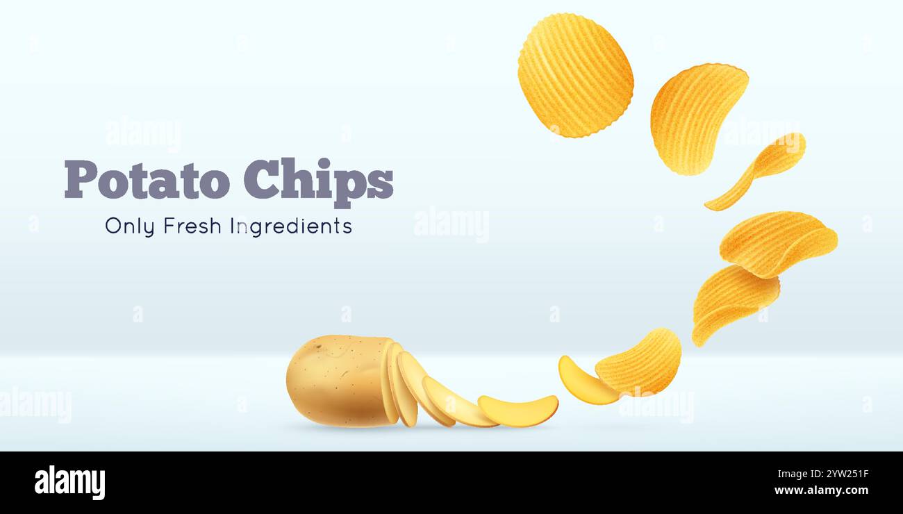 Wavy chips. Fly potato snack, turning in ripple yellow crisps. 3d ...