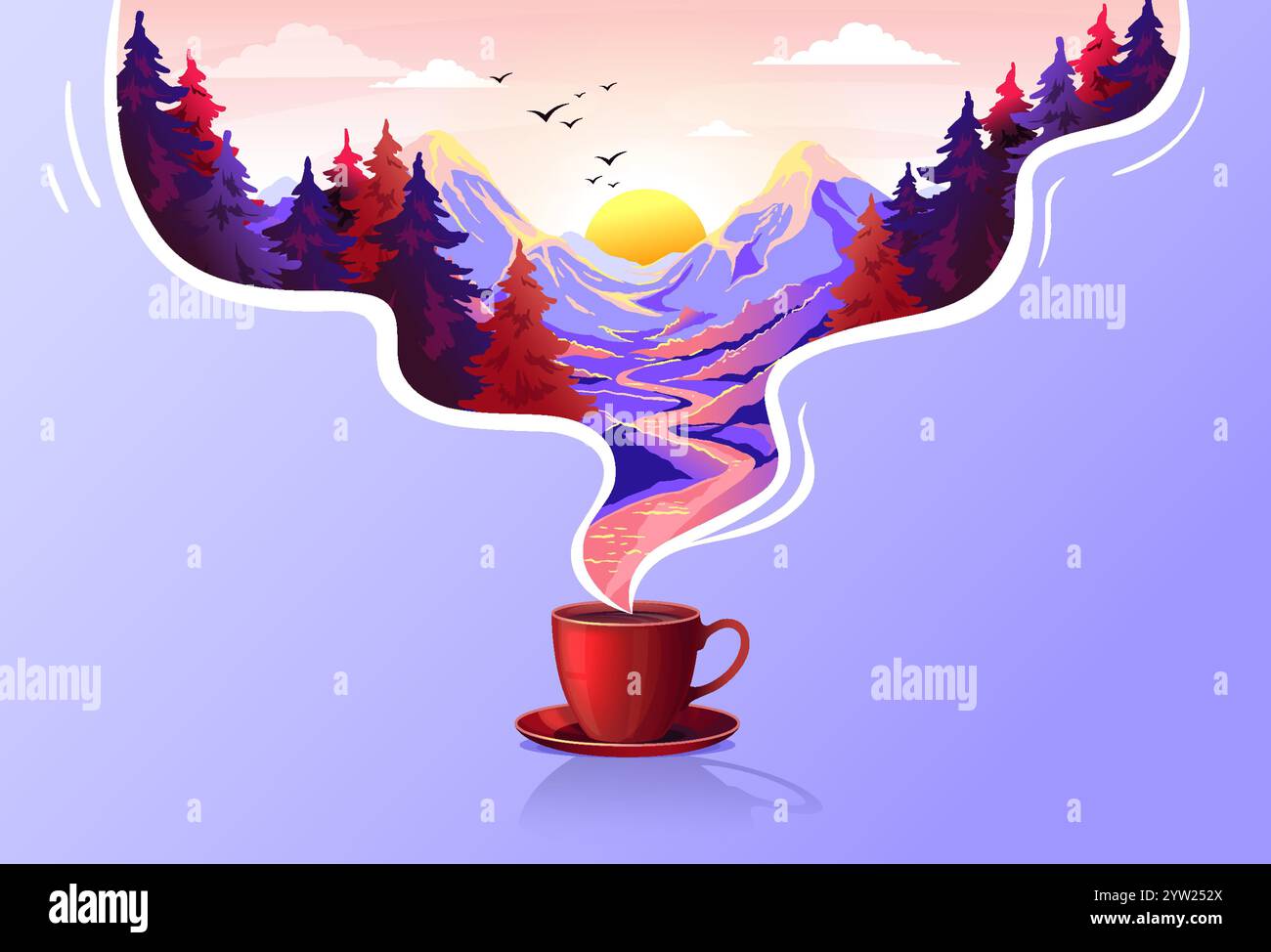 Morning coffee. Breakfast tea cup. Creative mountain in aroma steam ...