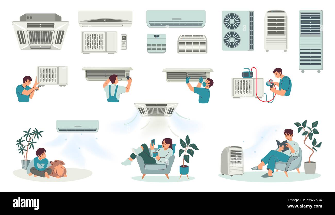 Air condition. Home room ventilation. Fan machine installation and ...