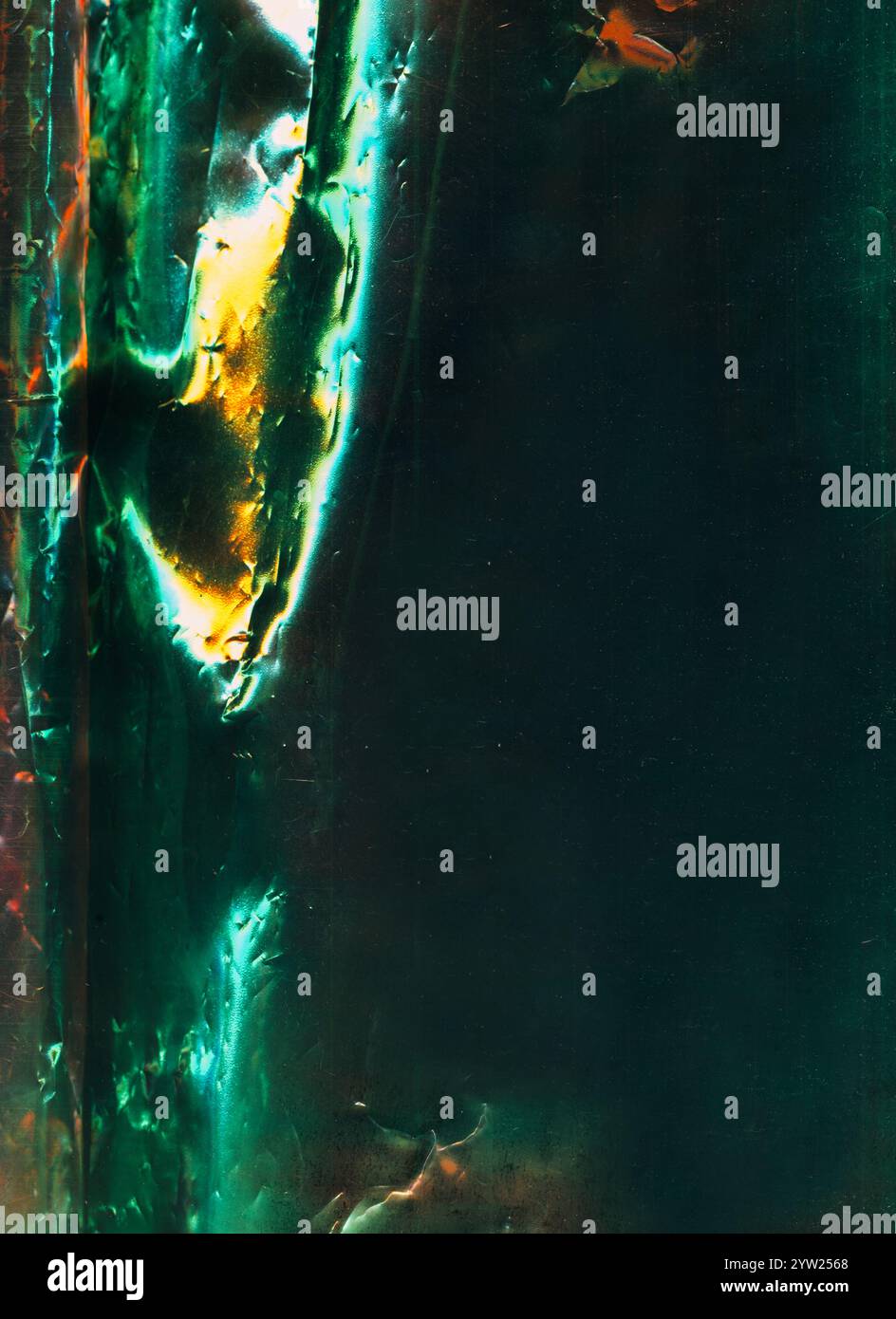Distressed foil. Old film overlay. Green orange white color reflect ...
