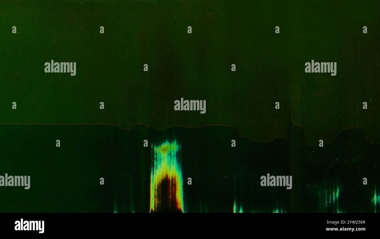 Digital glitch. Damaged screen overlay. Green orange color light flares ...