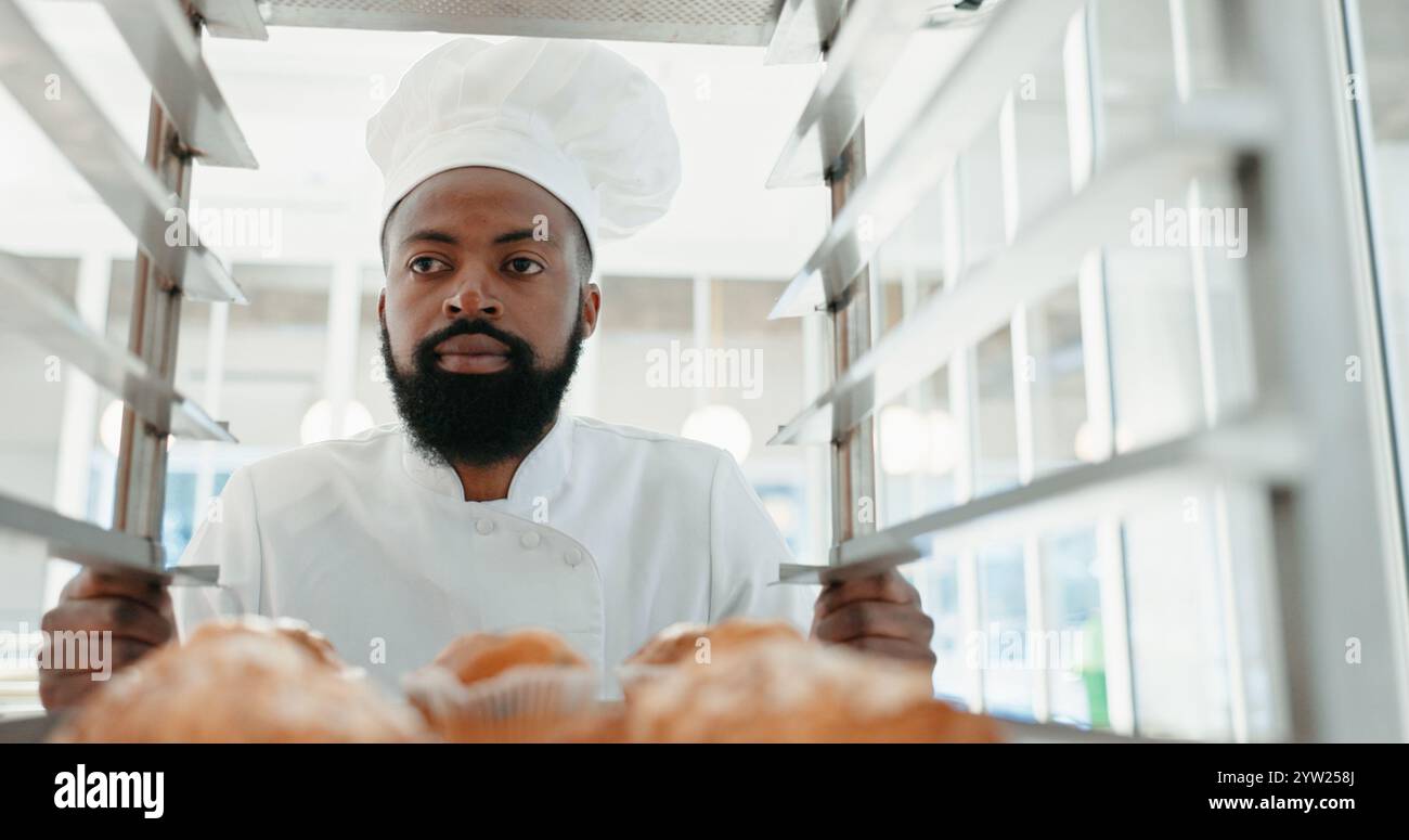 Muffin, bakery and cafe with man in kitchen for coffee shop, food ...