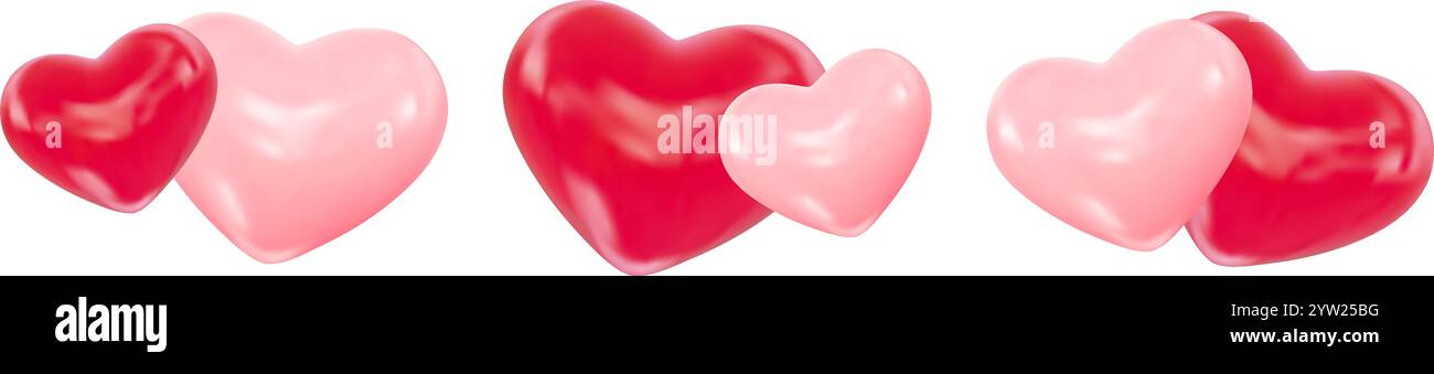 3d Valentines Day hearts. Pair of glossy red and pink hearts ...